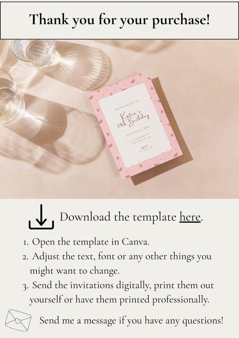 Birthday Invitation (editable Canva-template) - Watermelon Theme ...