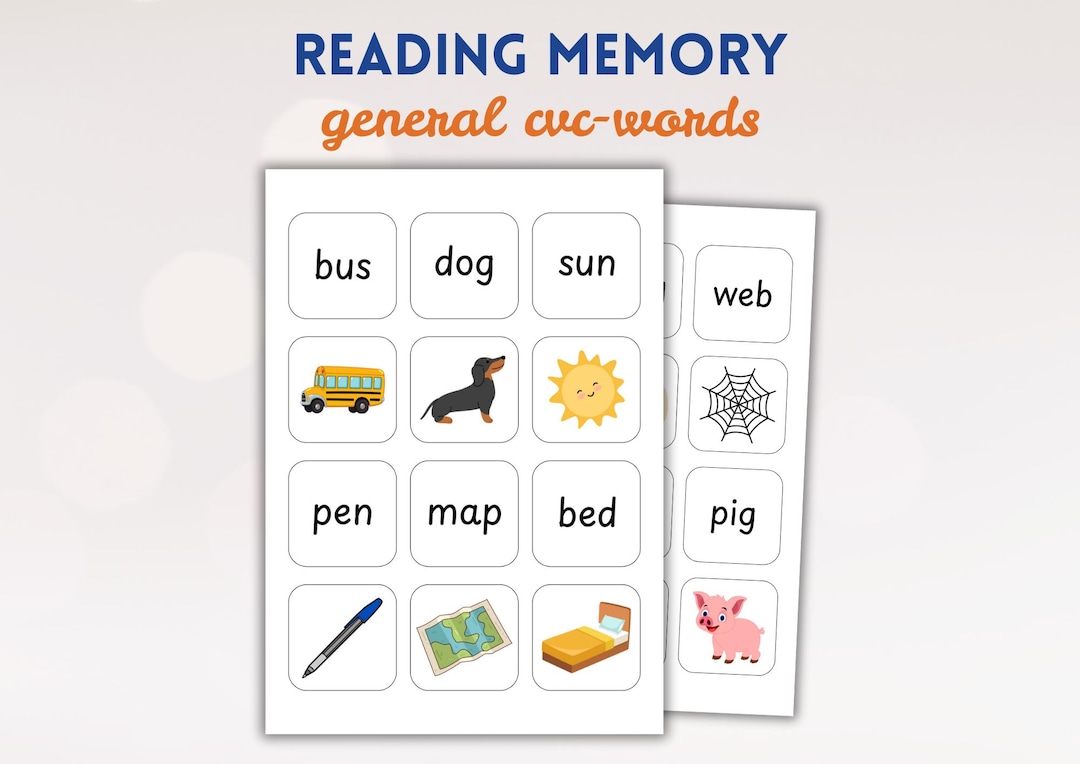 Reading Memory Game - Simple CVC Words - Matching Words and Pictures ...