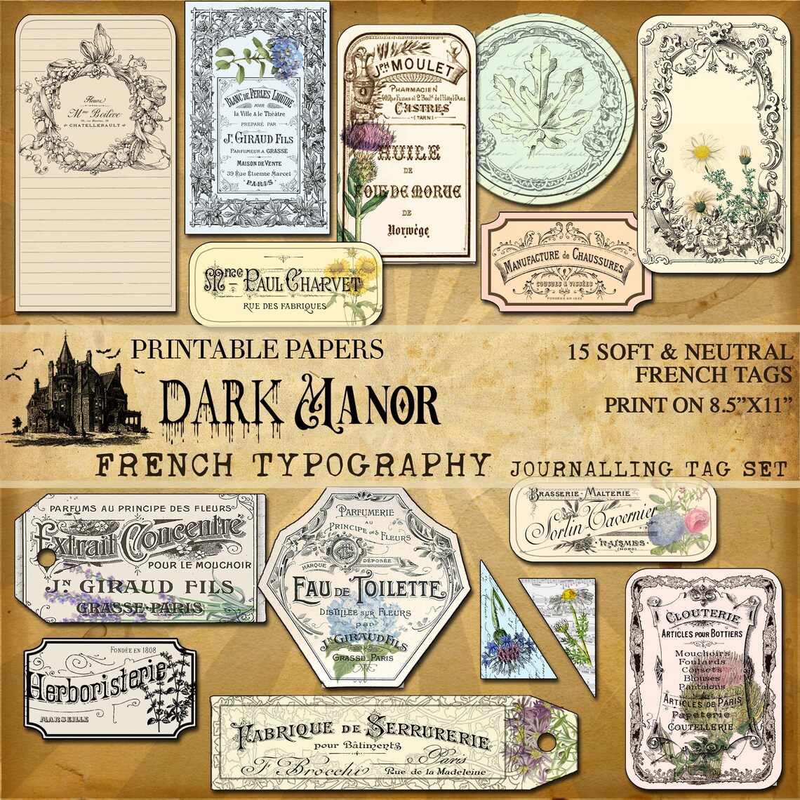 French Typography Tags - DIGITAL JOURNALING - Printable - Instant ...
