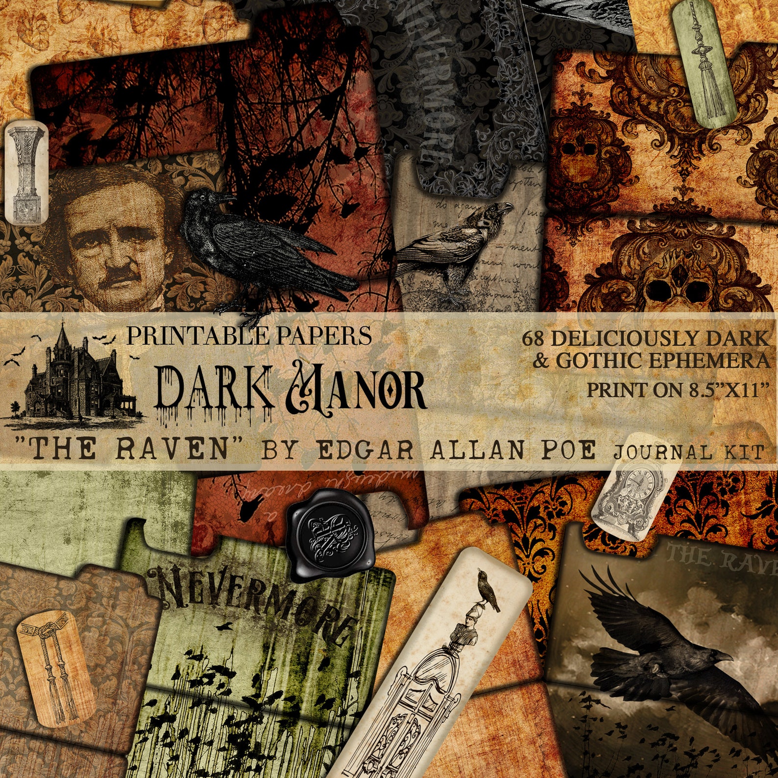 HUGE "the Raven" by Edgar Allan Poe Journal Kit - Digital Junk Journal ...