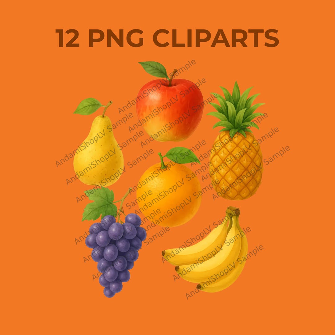 Fruit Clipart Set, 12 PNG, Apple, Banana, Orange, Grapes, Strawberry ...