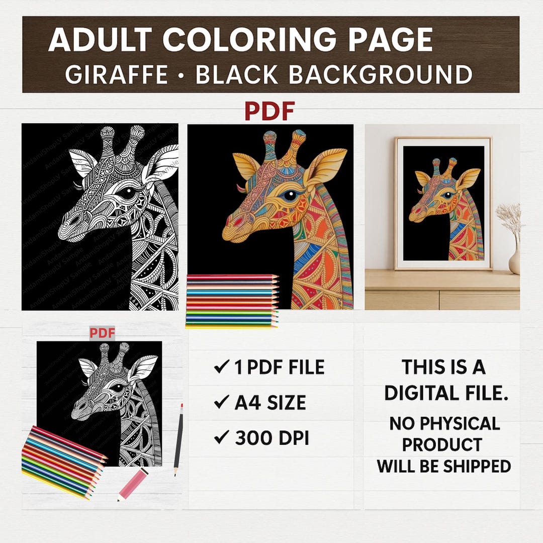 Giraffe Adult Coloring Page – Zentangle Animal Design on Black ...