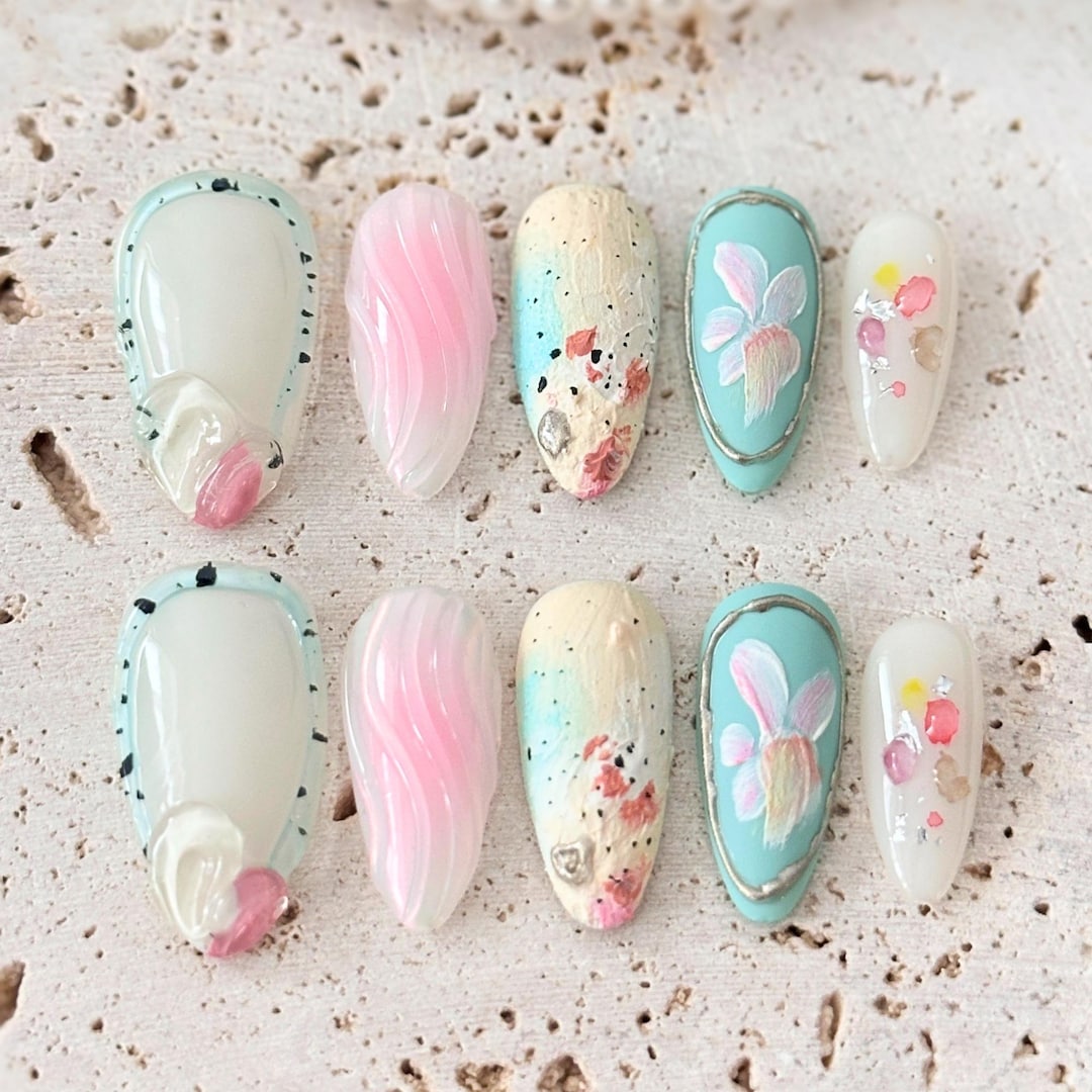 Monet Garden Press on Nails: Handmade French Tip Nail Art - Etsy