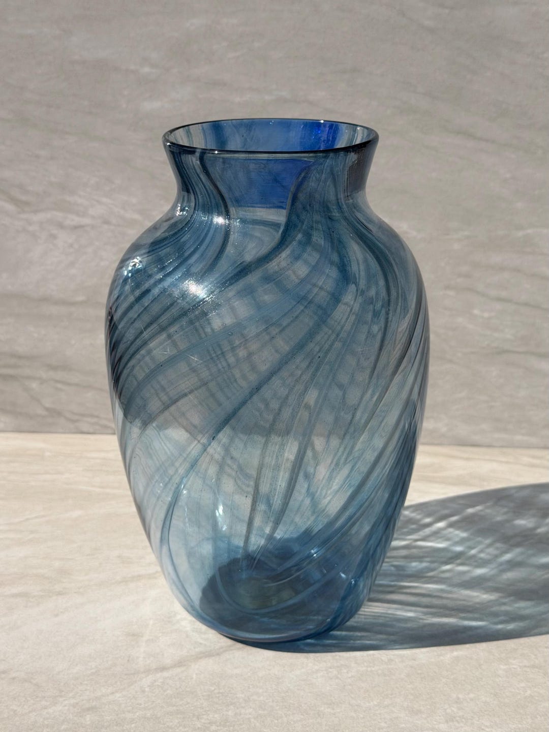 Handblown Feathered Glass Vase – One of a Kind Functional Art – Blue ...