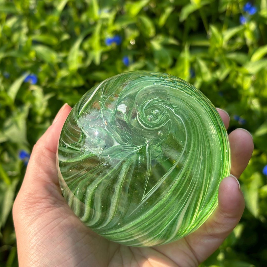 Handblown Green Glass Paperweight: Dichroic Feathered Art Glass Orb - Etsy