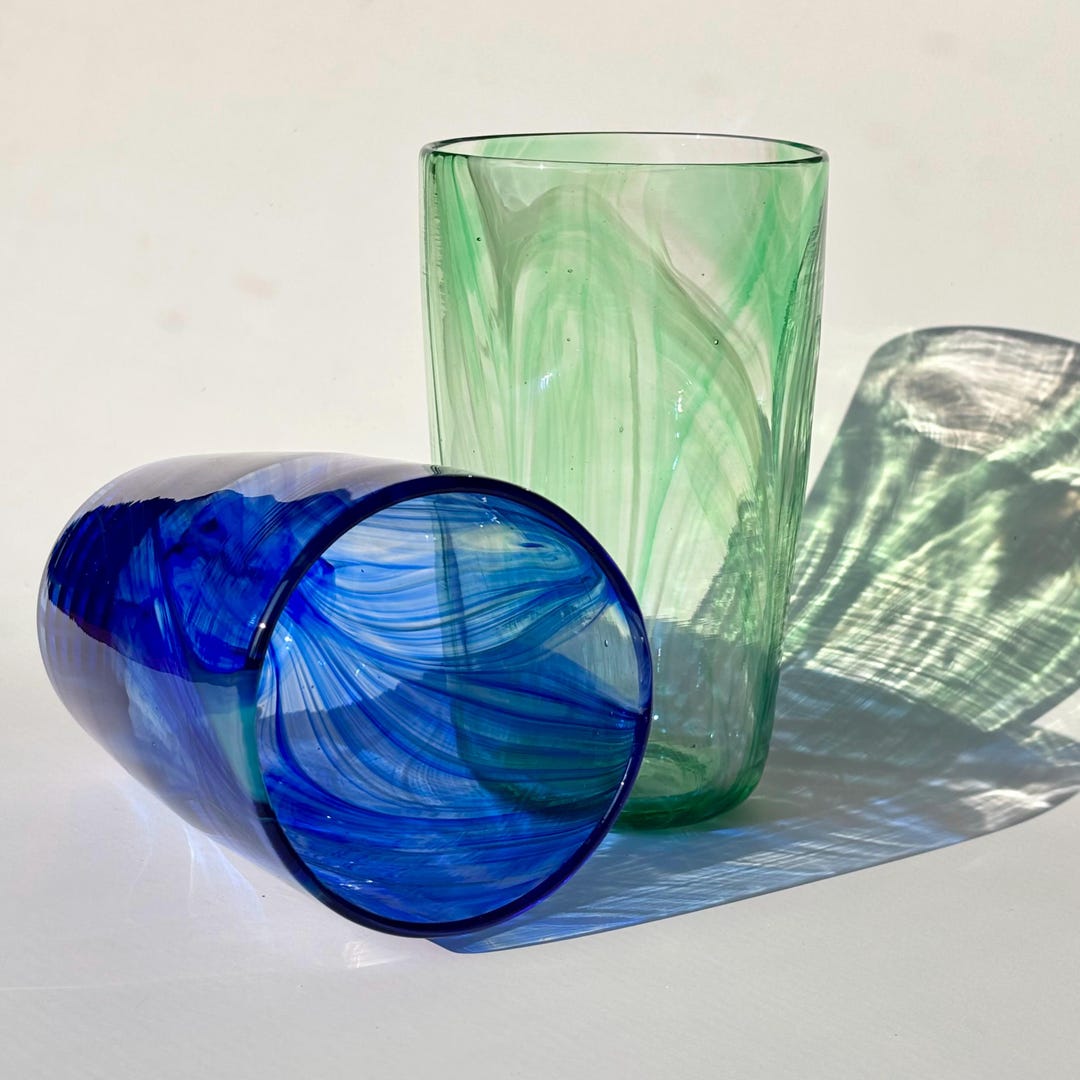 Handblown Feathered Pint Glasses - Blue & Green Swirl - Set of Two - Etsy