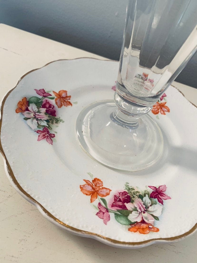 Vintage Vase: Antique Dessert Glass with Flowered Saucer | Etsy
