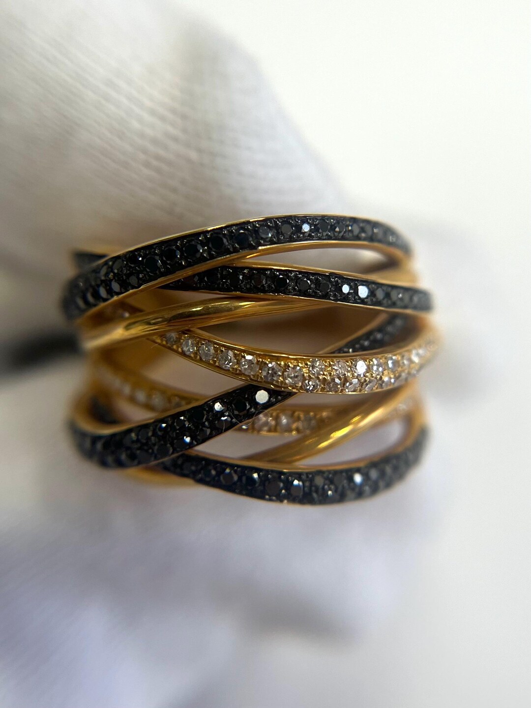 EFFY Black Diamond Crossover Ring: 14k Yellow Gold Band, Size 7.5 - Etsy