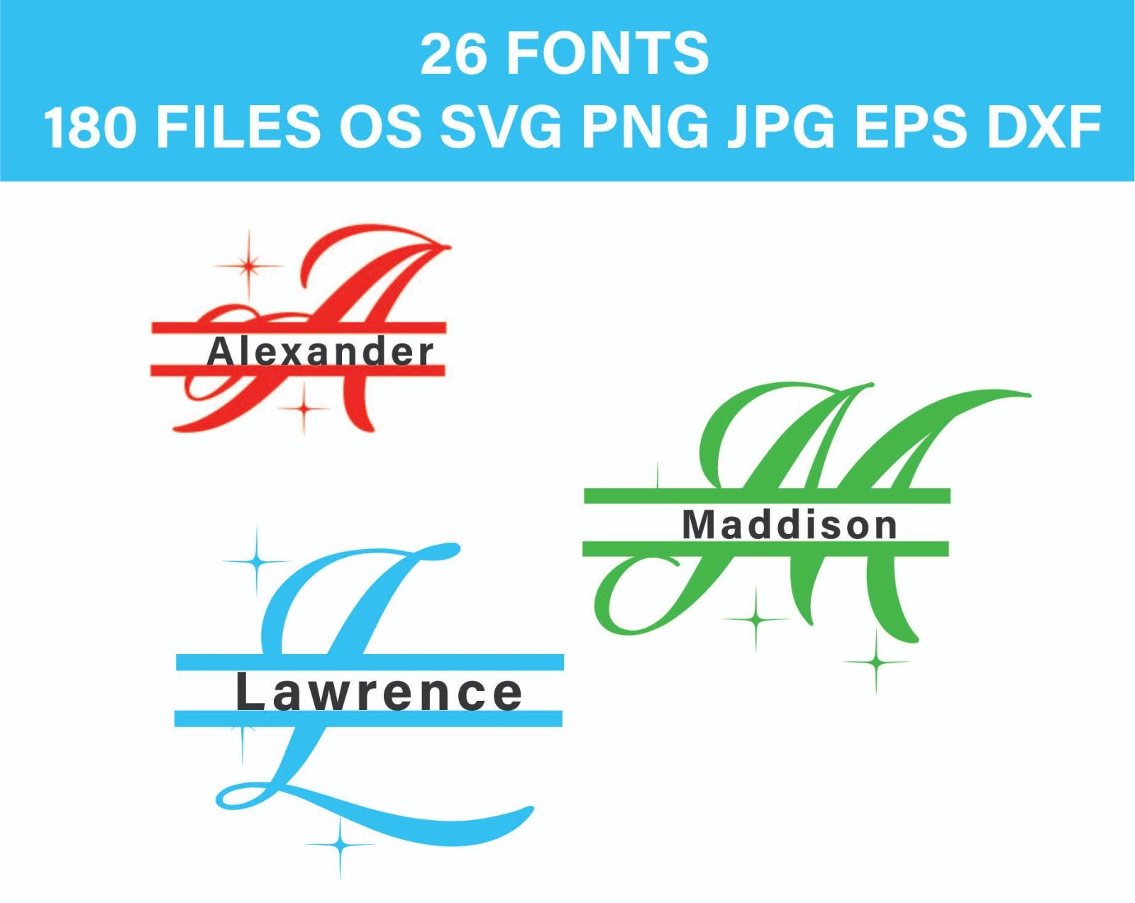 Alphabet Font Bundle With Names, 26 Unique Fonts, 180 Files Os Svg Png ...