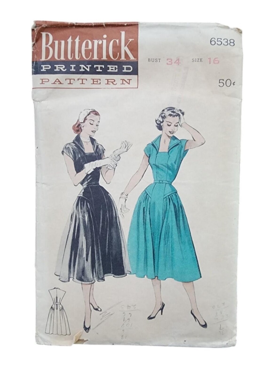 Vintage 50s Dress Sewing Pattern: One Piece Dress Wing Collar Butterick ...