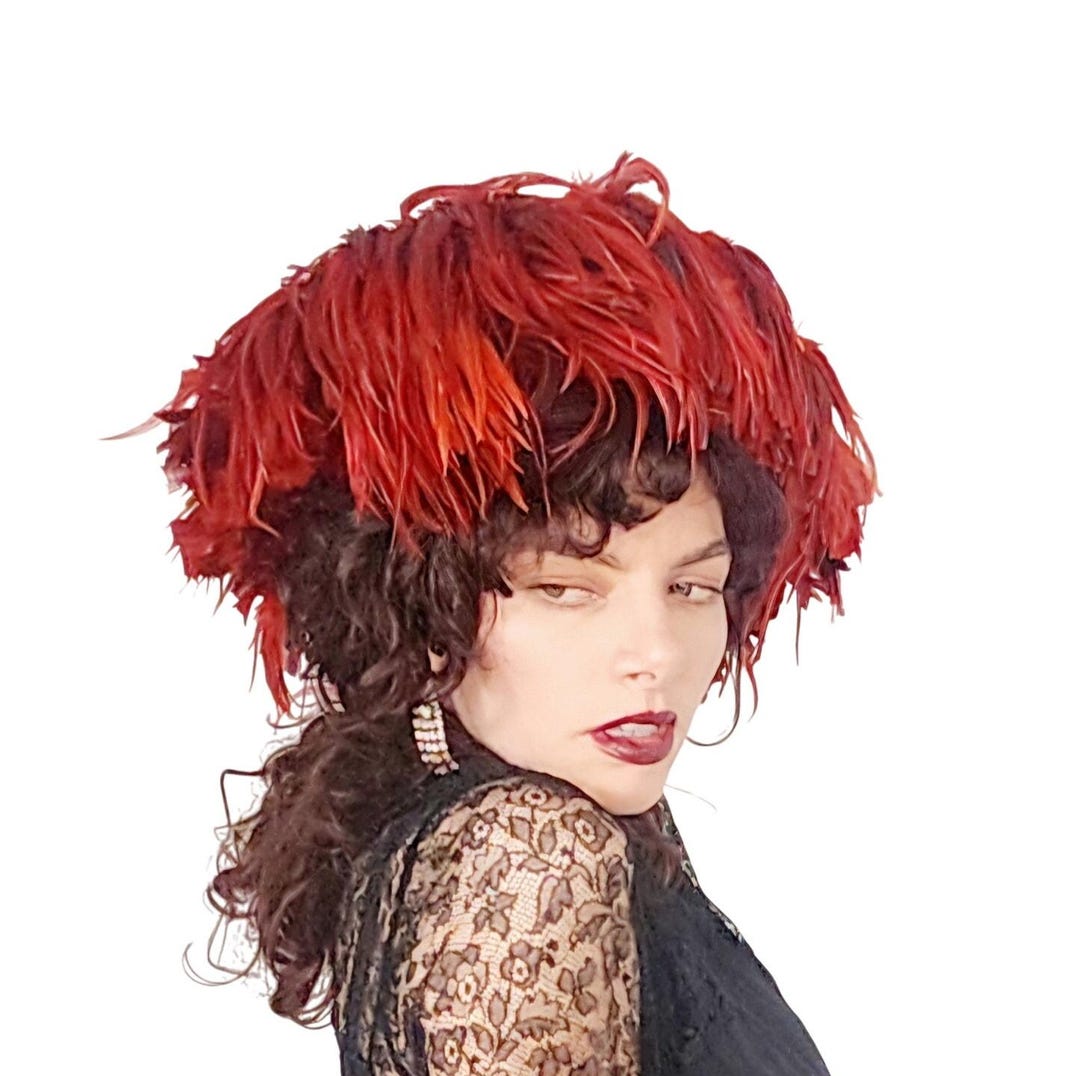 80s Does 60s Red Feather Hat Kokin Oversized Avant Garde - Etsy