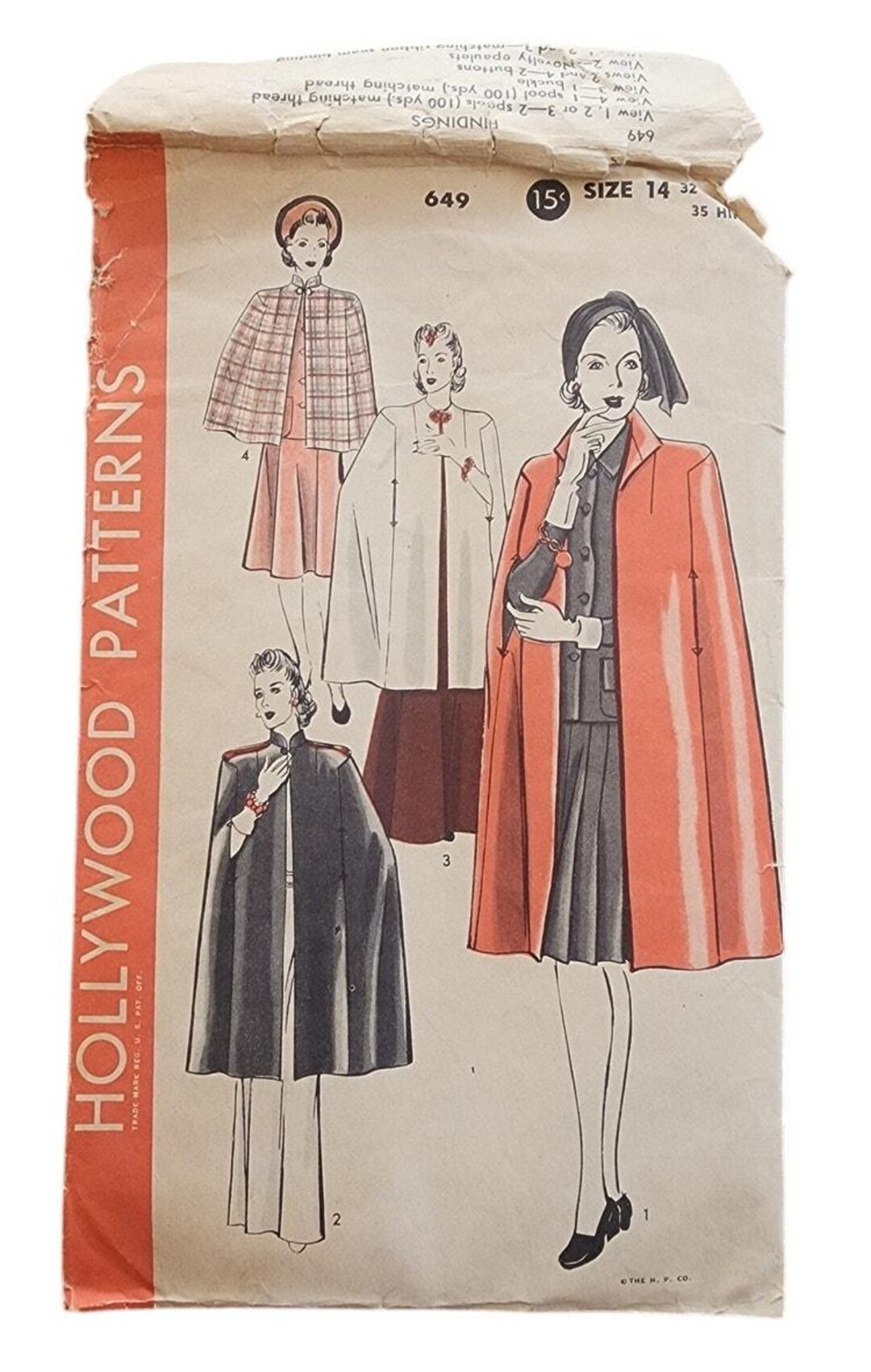 Vintage 40s Sewing Pattern ORIGINAL: Cape Short Long Hollywood Patterns ...