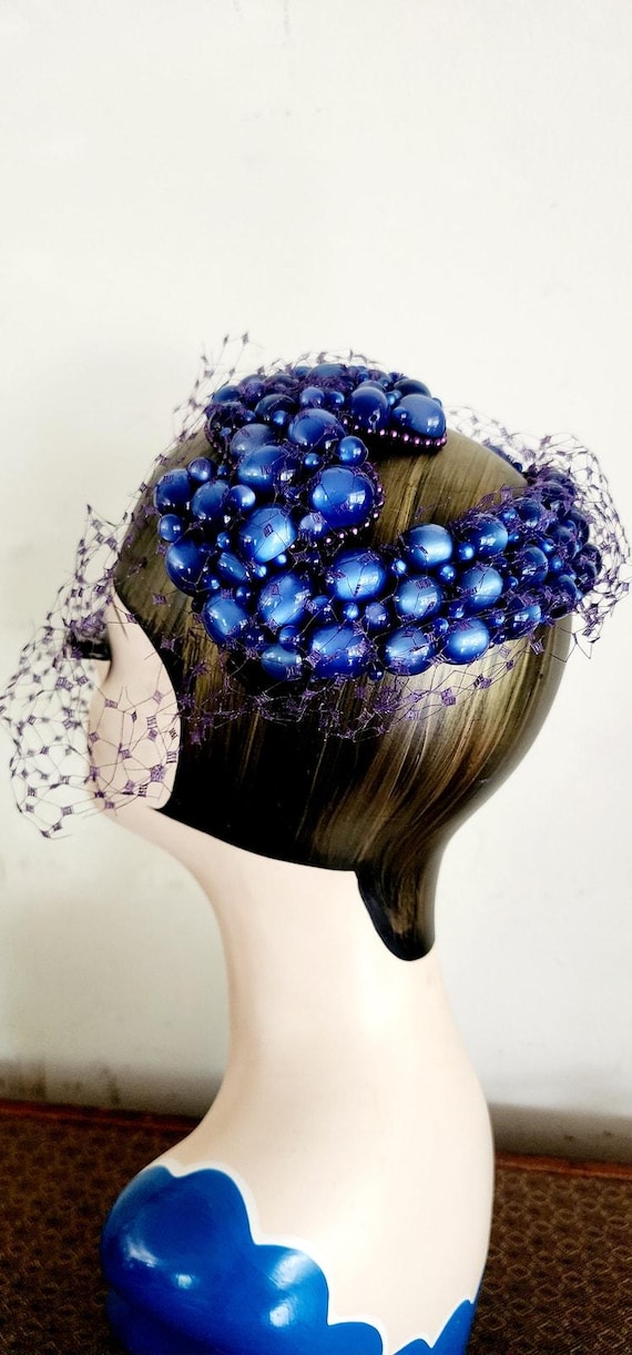 Vintage 50s Bes-Ben Hat Blue Moonstone Fascinator w/V… - Gem