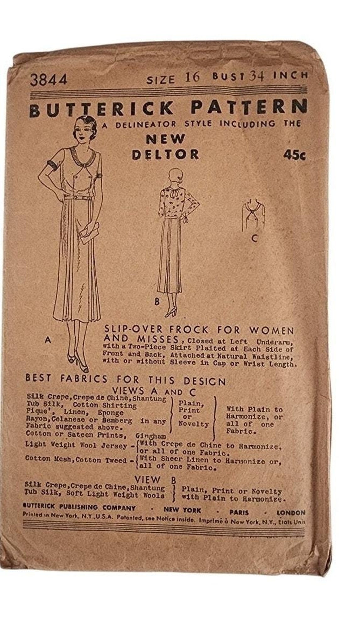 Vintage 20s Sewing Pattern Slip-over Frock Butterick 3844 Bust 34 - Etsy