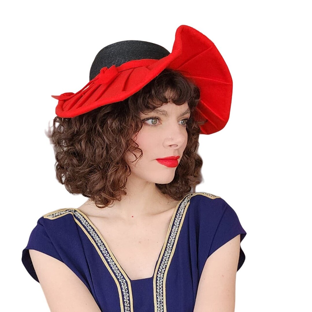 40s Wide Brimmed Hat Red Navy Blue Asymmetrical Modernist - Etsy