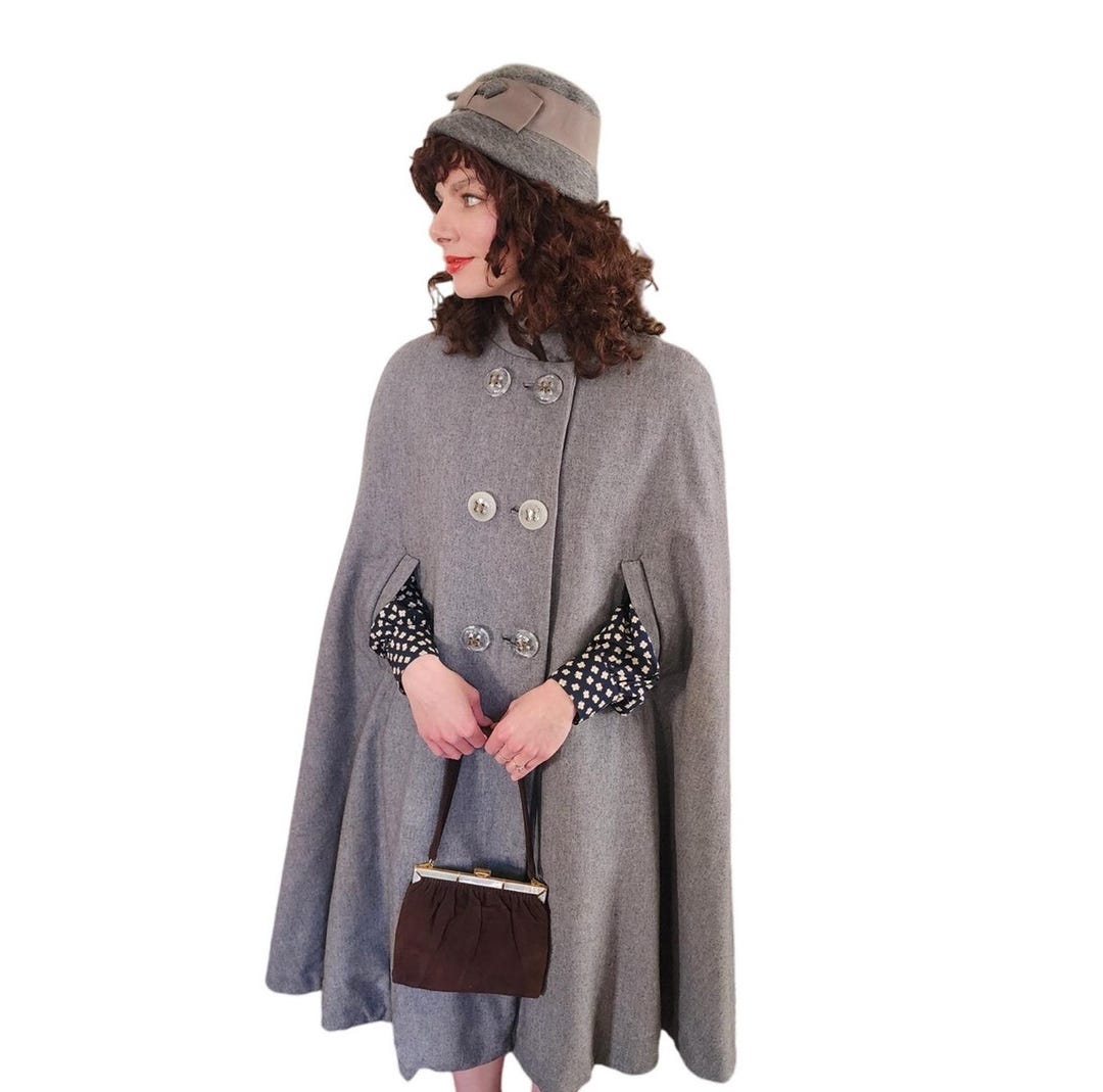 Vintage 60s Cape Coat Gray Wool Cloak W/fuzzy Liner Mod Style / Med - Etsy
