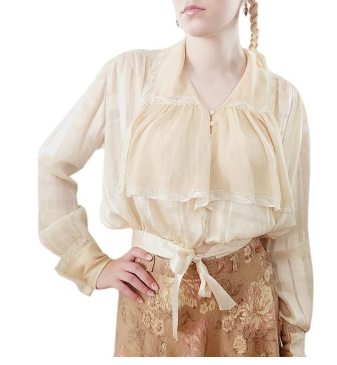 Edwardian Beige Silk Blouse Check Pattern Long Sleeve Waist Sash - Etsy
