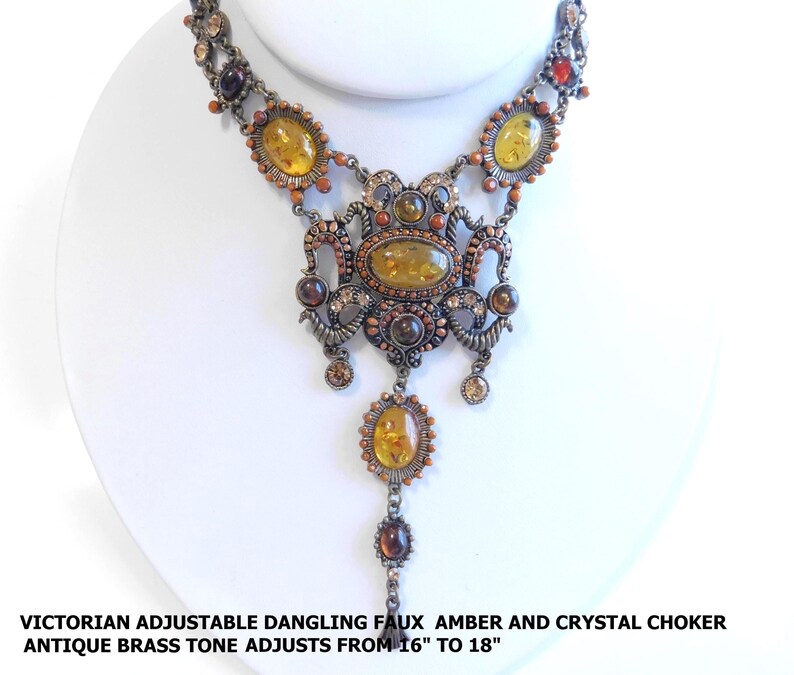 Antique Brass Tone Faux Amber and Crystal Drop Adjustable Choker ...
