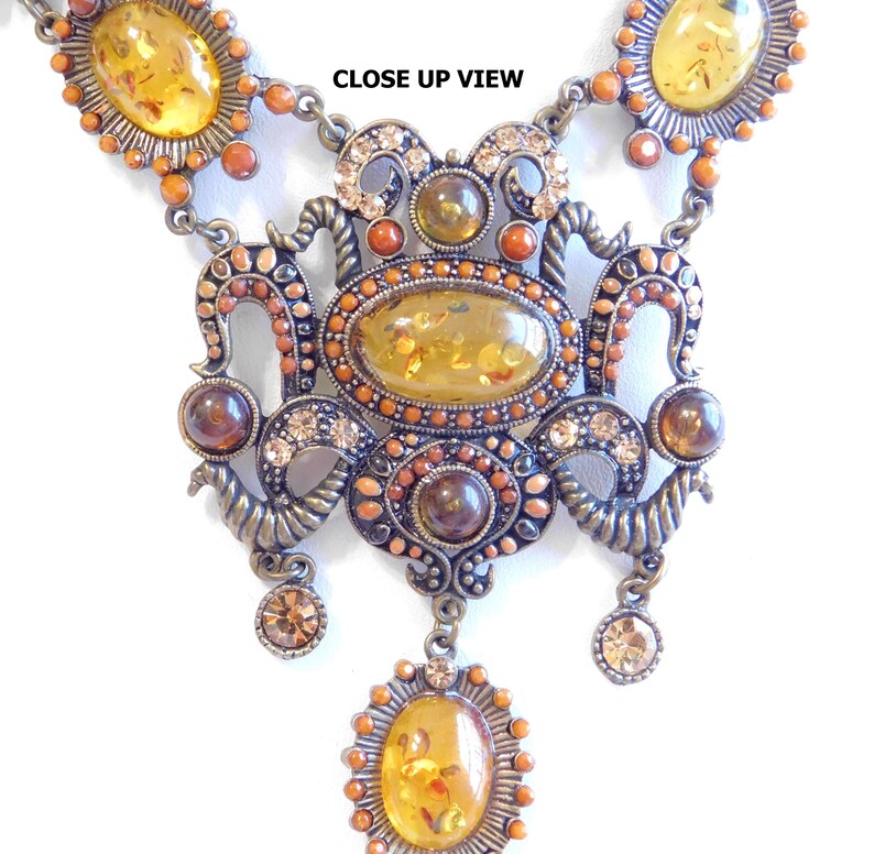 Antique Brass Tone Faux Amber and Crystal Drop Adjustable Choker ...