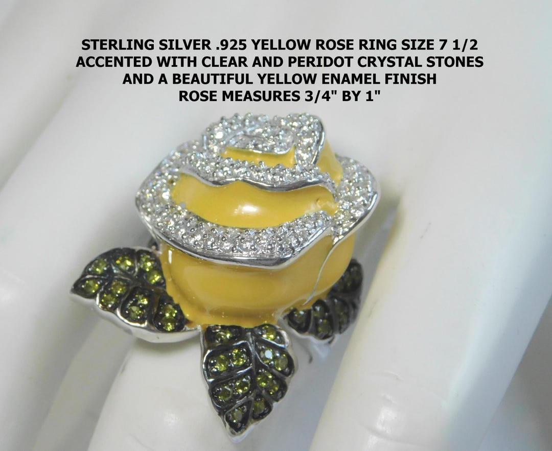 Vintage Sterling Silver Yellow Enamel Rose Ring, Peridot & Crystal ...