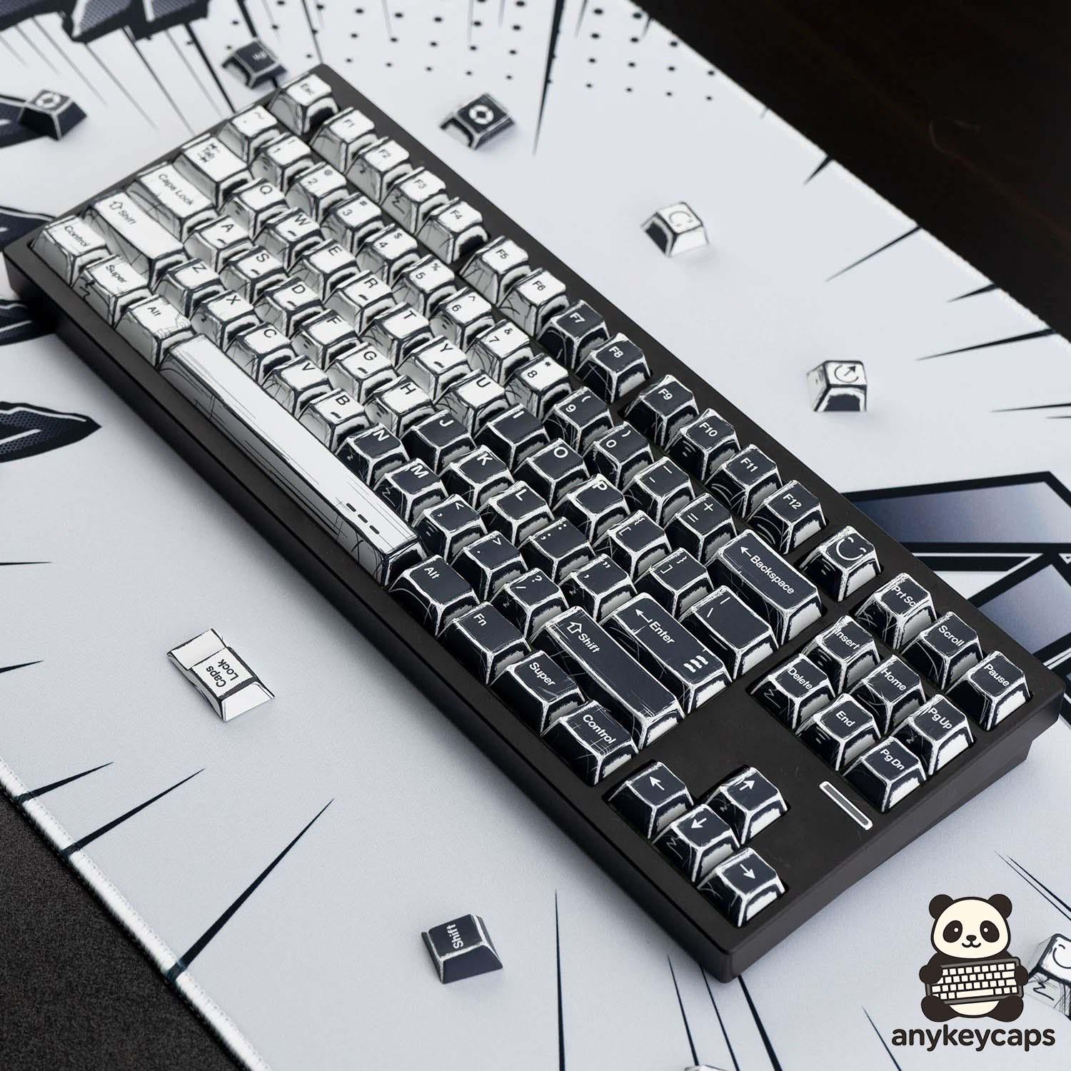 Split Comic Keycap Set – 136 Key PBT Keycaps, Black & White Dual-tone ...