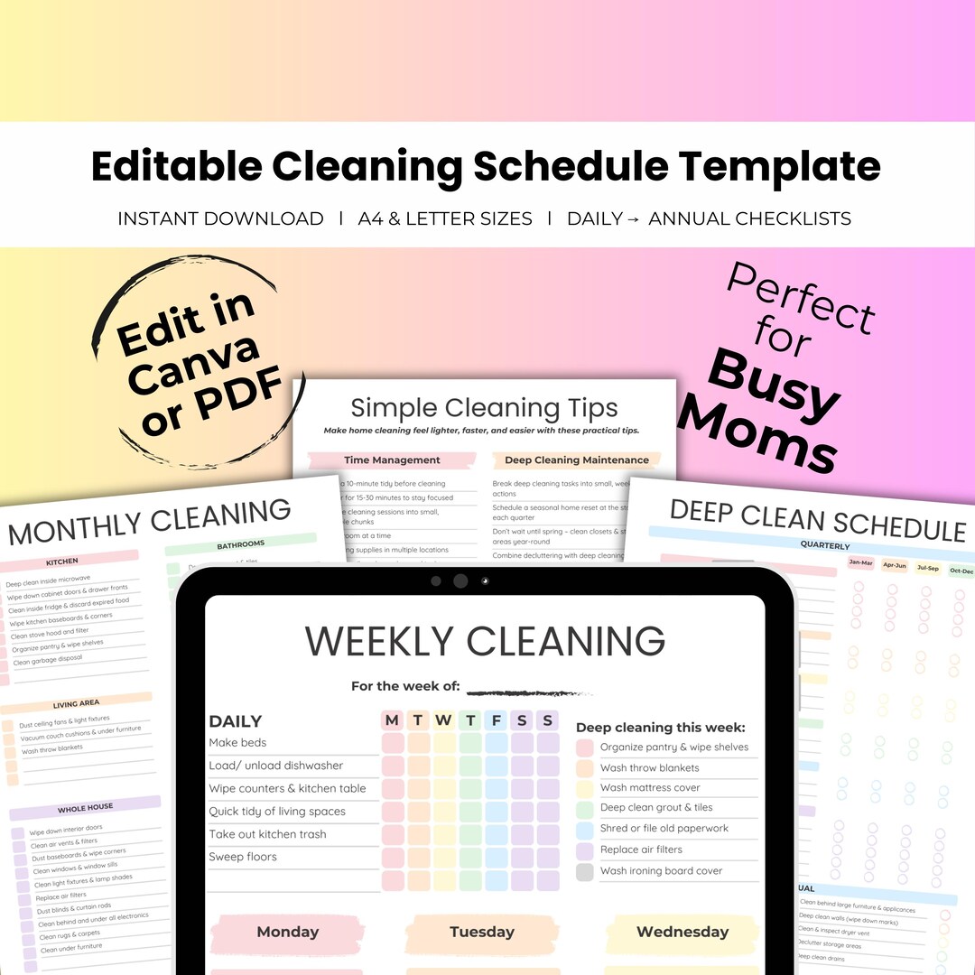 Editable Cleaning Tracker & Schedule for Busy Moms | Daily to Annual ...