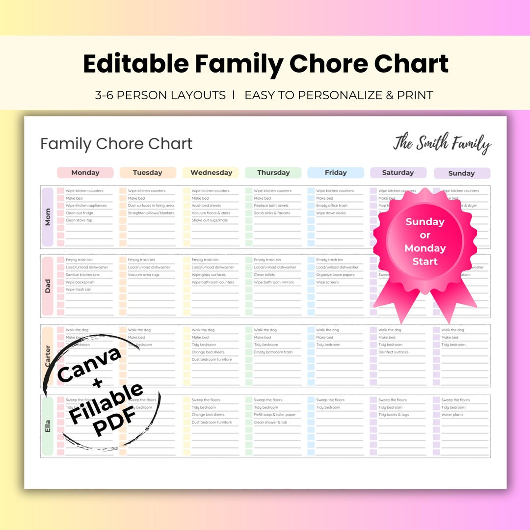 Family Chore Chart – Editable Canva + Fillable PDF | 3–6 Member Weekly ...