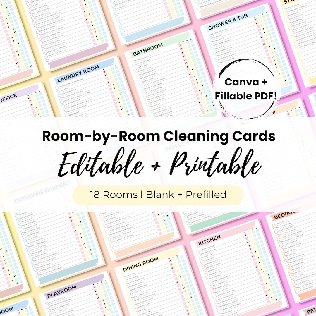 Room-by-room Cleaning Cards – Editable PDF & Canva | Printable Task ...