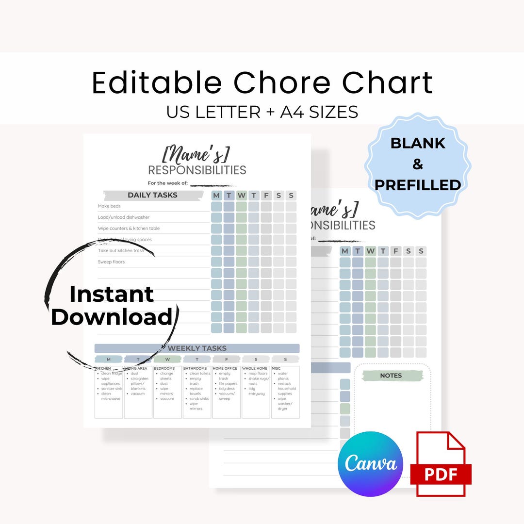 Cleaning Checklist Editable Chore Chart Printable Weekly Routine ...