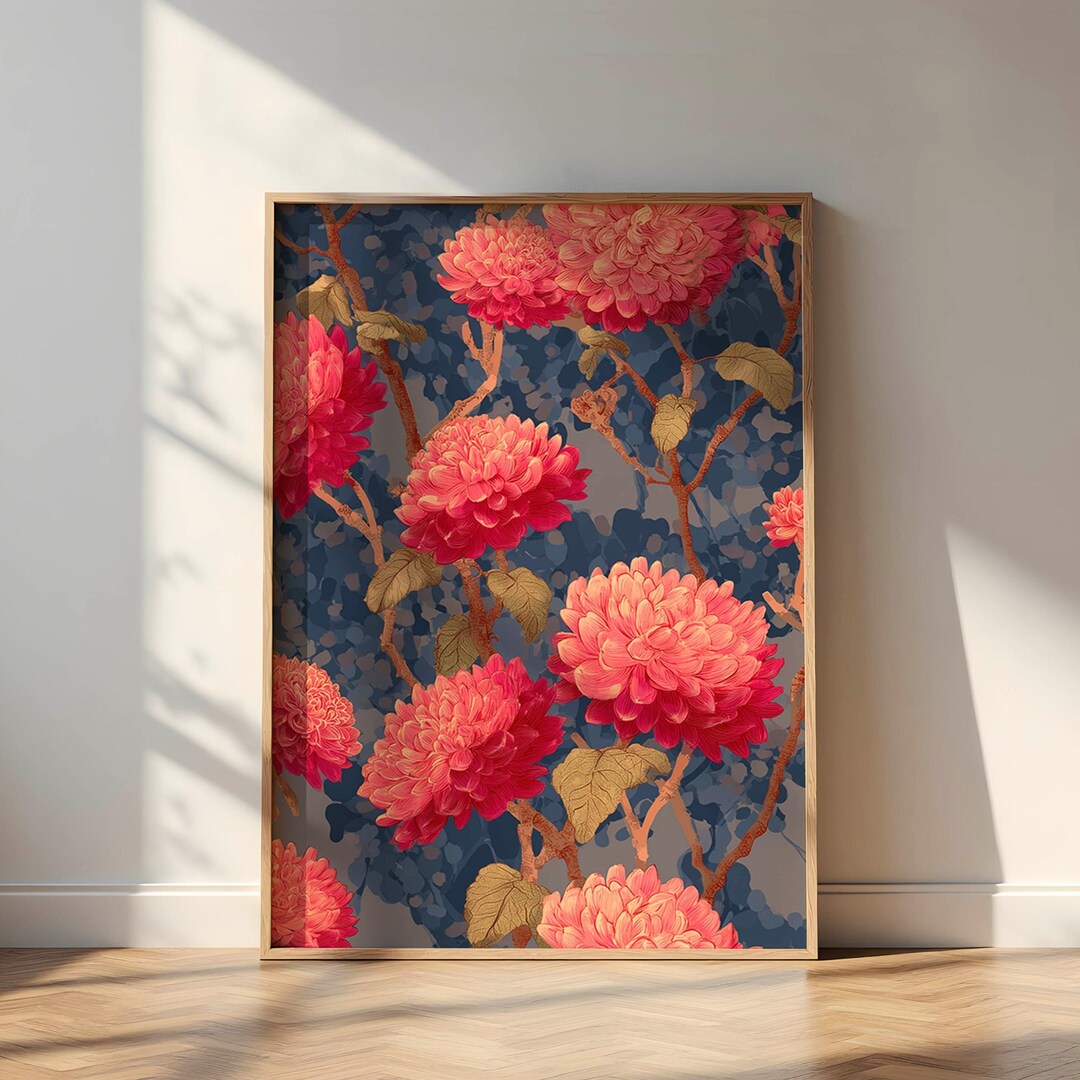 Coral and Navy Botanical Print Wall Art – Large Blooming Flowers With ...