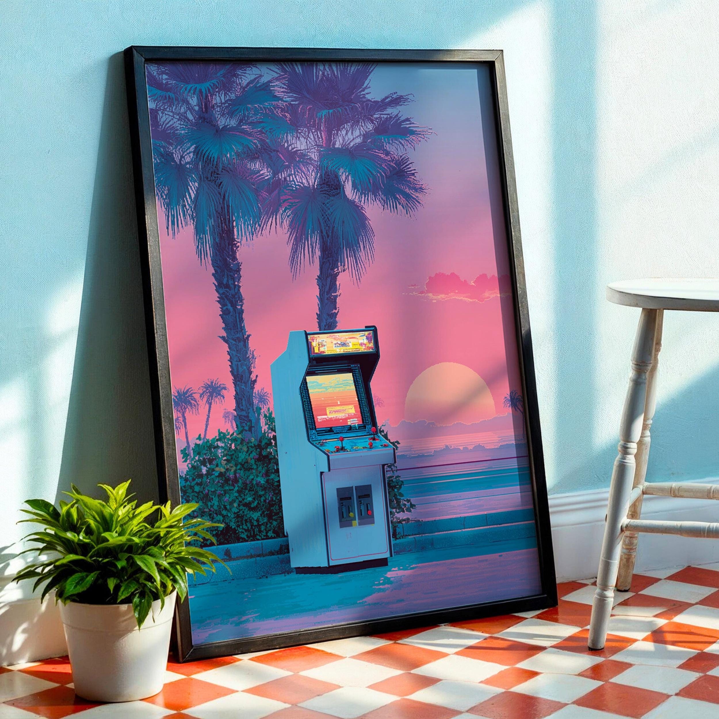 Arcade Sunset Wall Art Print, 90s Vaporwave Aesthetic With Palm Trees ...