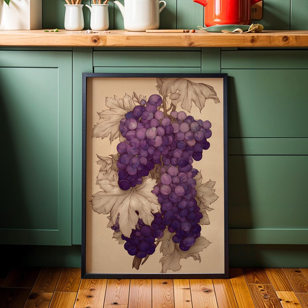 Purple Grape Bunch Printable Wall Art – Rustic Botanical Kitchen Decor ...