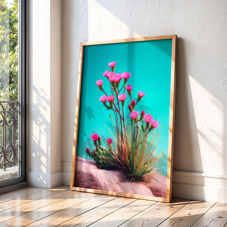 Pastel Desert Cactus Wall Art Printable – Pink Cactus Flowers on Teal ...