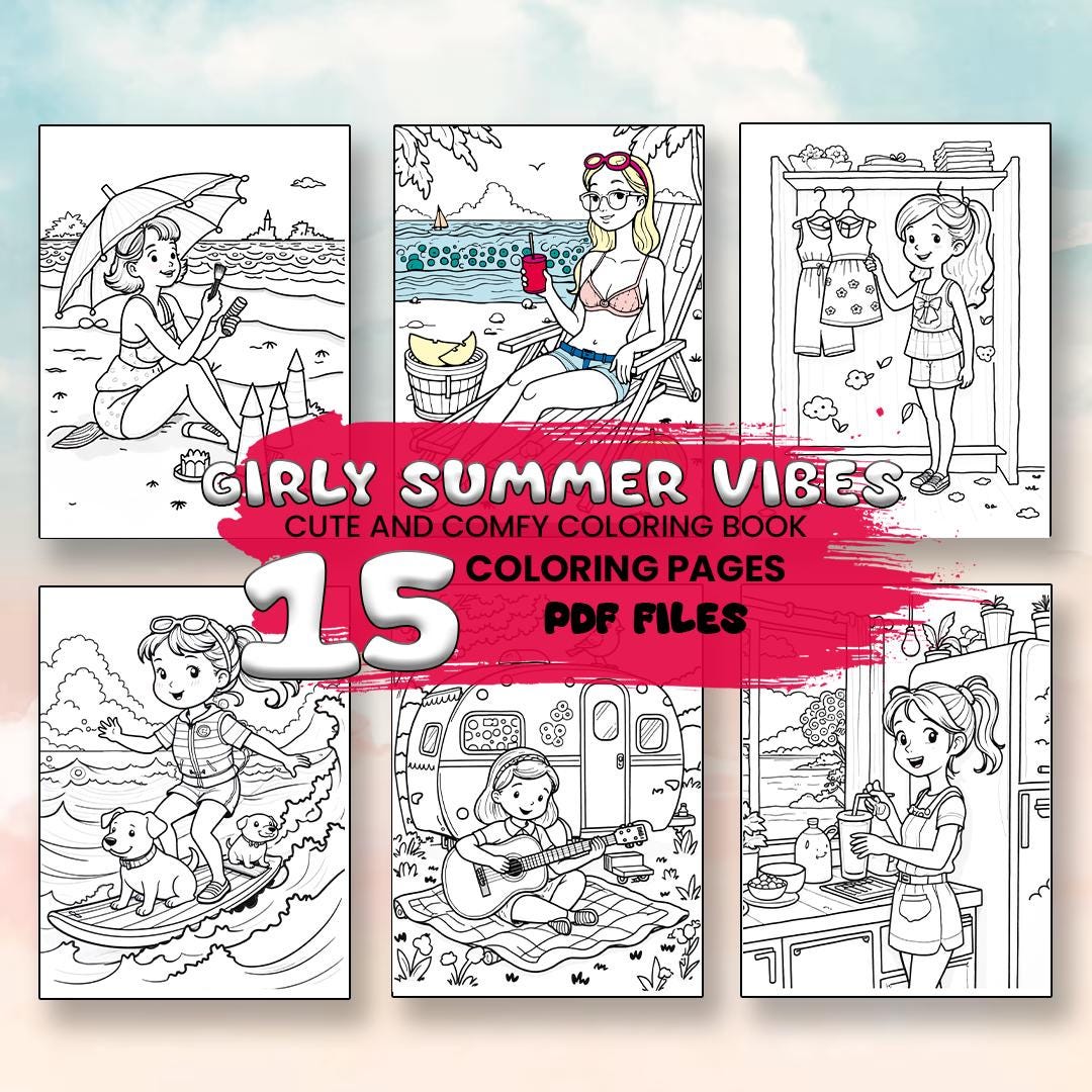 Summer Fun Coloring Page Set - Instant Download - Pool Party Activity ...