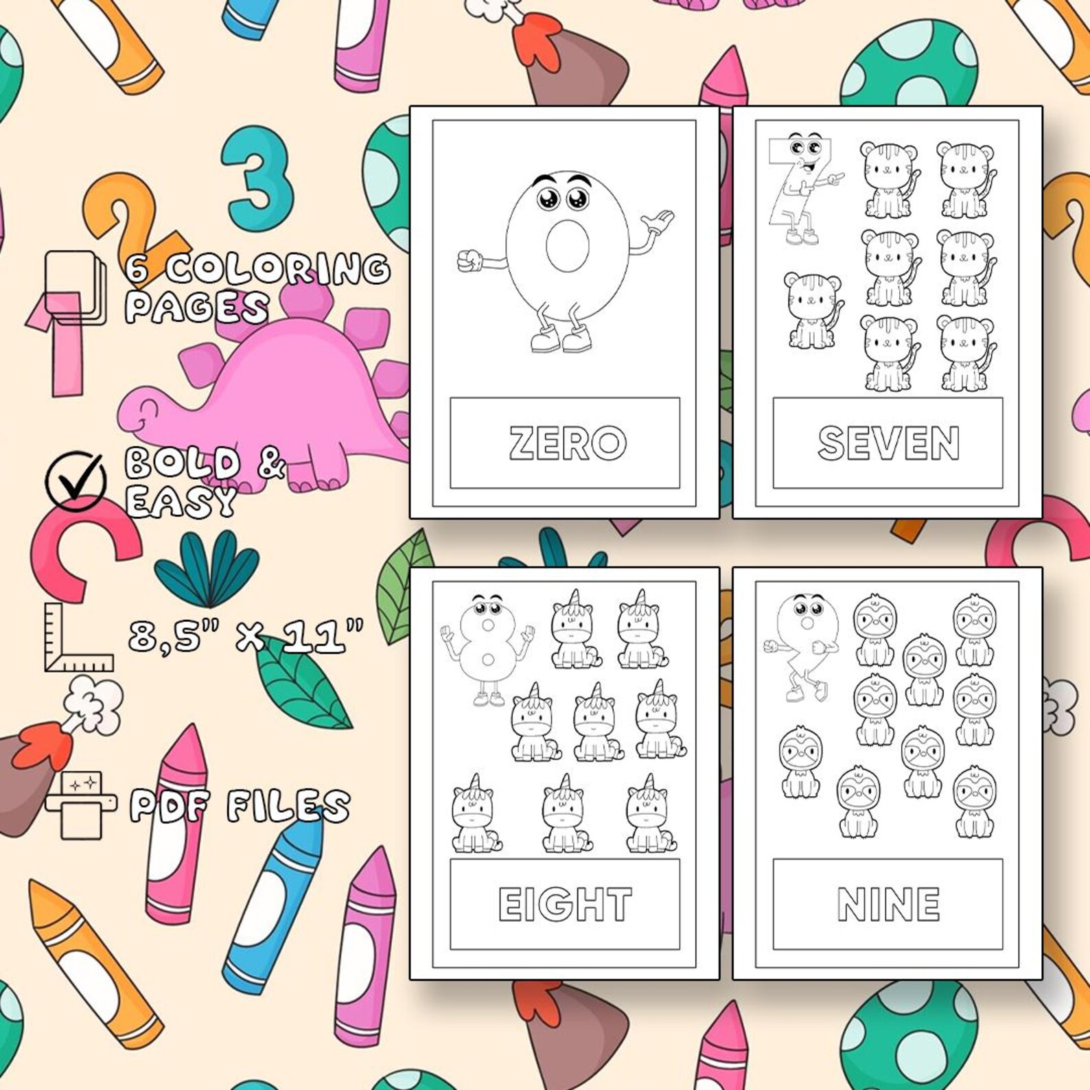 10 Printable Numbers Coloring Pages, Coloring Pages for Kids, Preschool ...