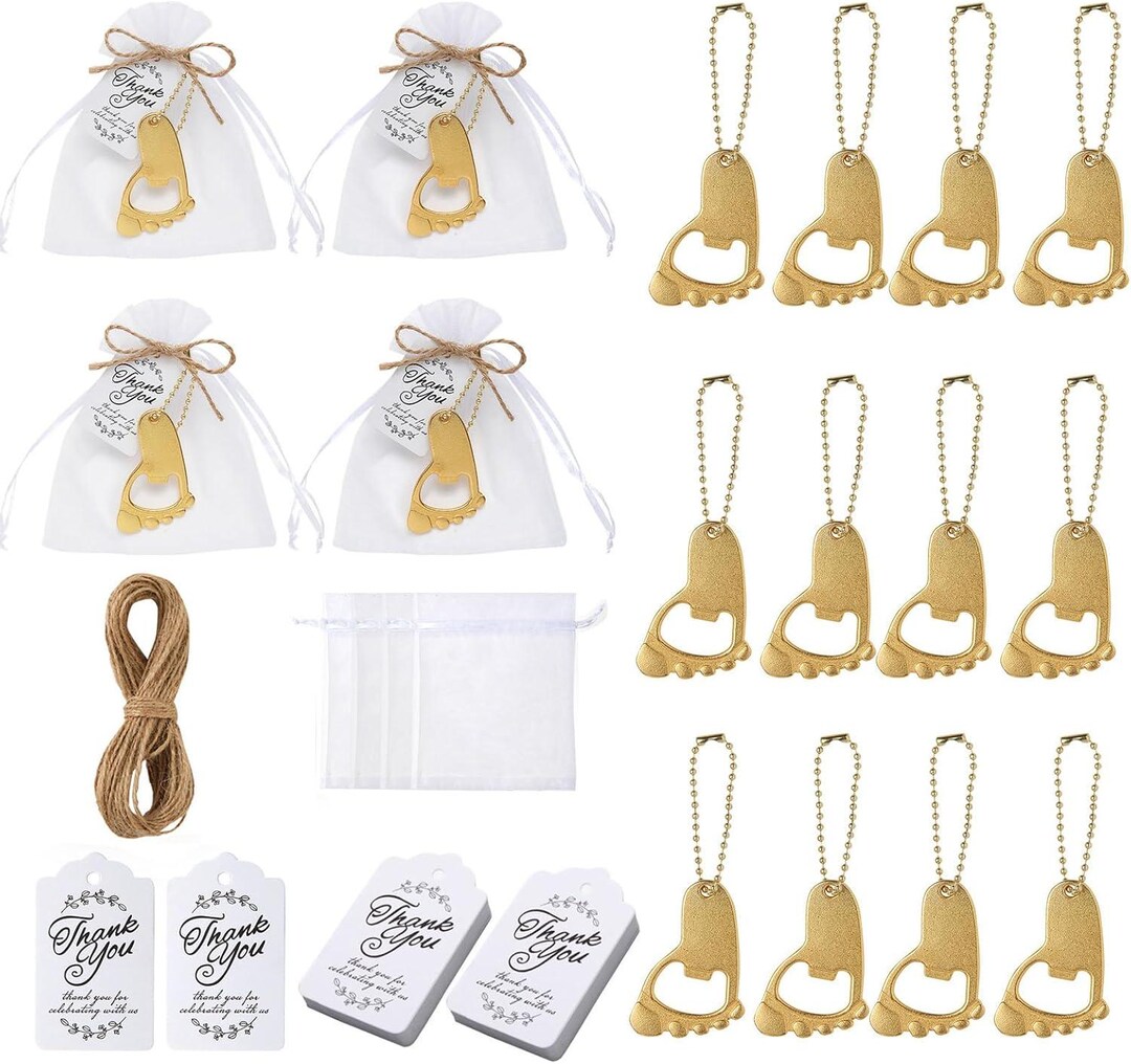 25 Baby Footprint Bottle Opener Favors Organza Bags Thank You Tags Baby ...