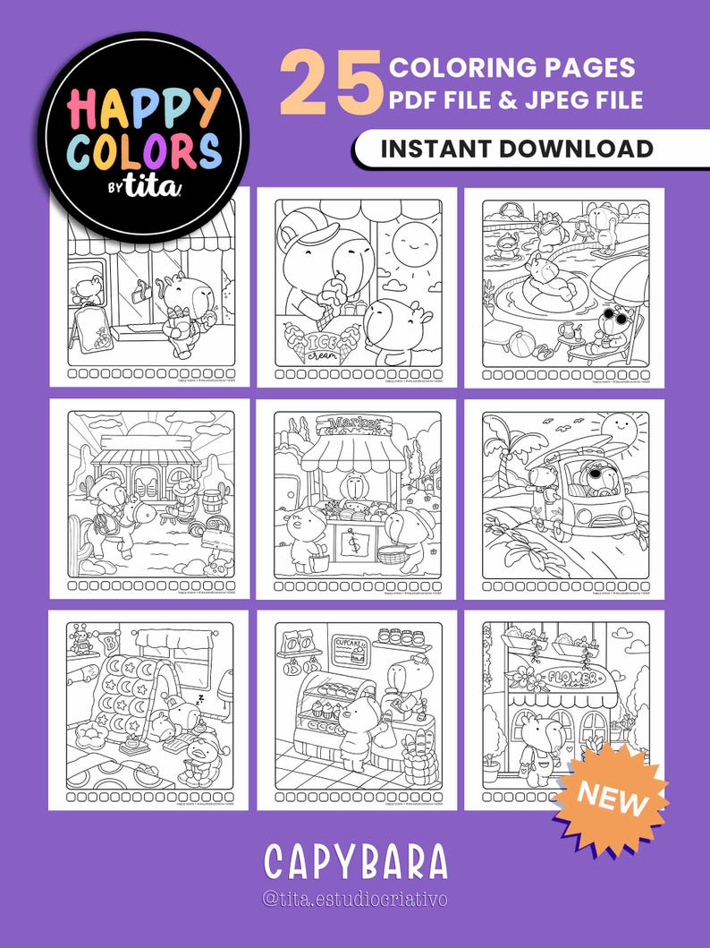 Capybara Coloring Book, Coloring Pages With Cute Capybaras, 25 Cute and ...