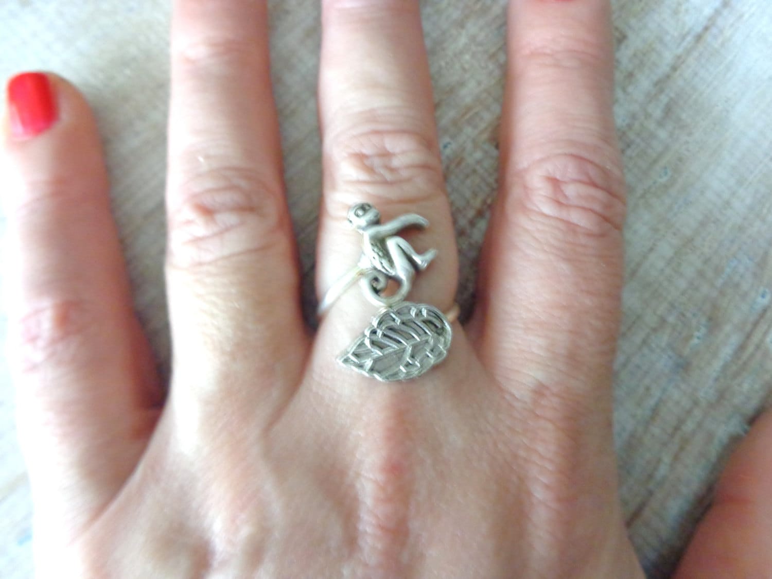 Monkey Ring With a Leaf Adjustable Ring Animal Ring Silver - Etsy
