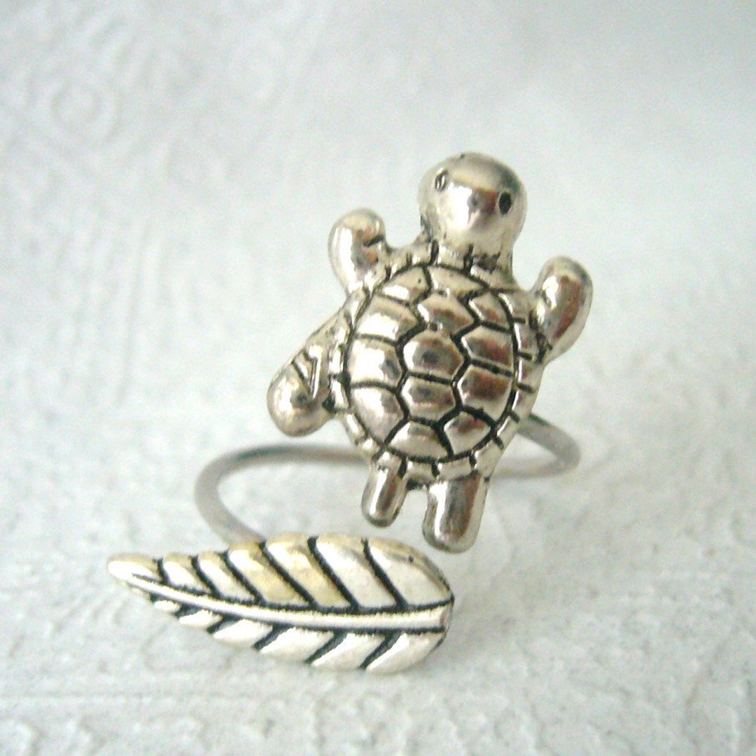 Silver Turtle Ring With a Leaf, Wrap Open Style, Adjustable Ring ...
