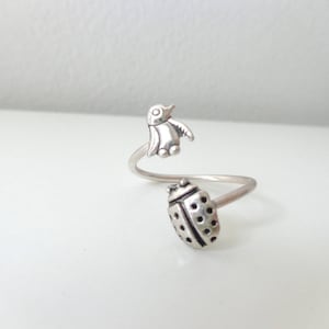 Silver Penguin Ladybug Ring Wrap Style, Adjustable Ring, Animal Ring ...