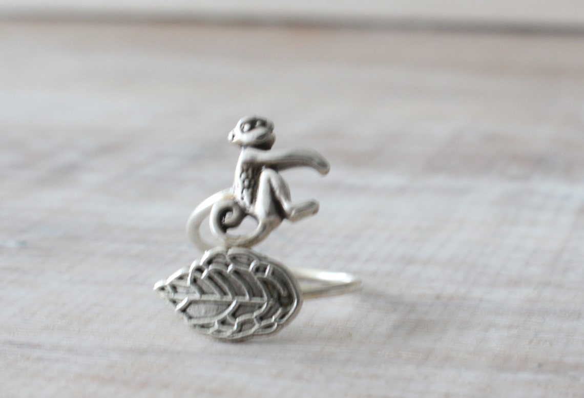 Monkey Ring With a Leaf, Adjustable Ring, Animal Ring, Silver Ring ...