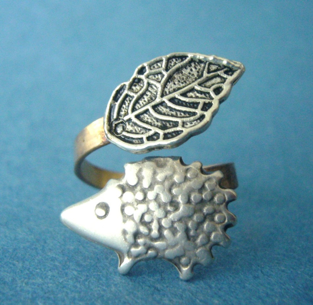 Leaf and Hedgehog Ring, Adjustable Ring, Animal Ring, Silver Ring ...