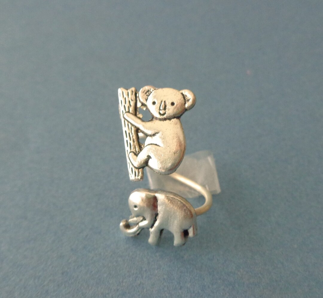 Silver Koala Ring With an Elephant, Wrap Open Style, Adjustable Ring ...