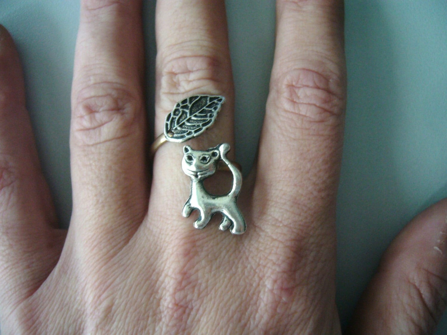 Cat Ring With a Leaf Wrap Style Adjustable Ring Animal Ring - Etsy