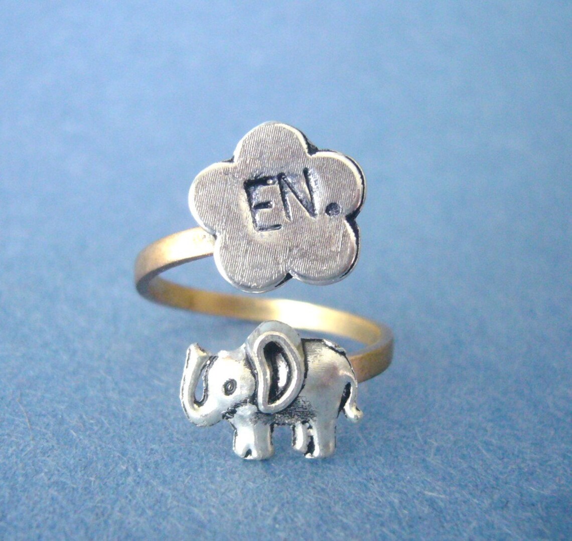 Personalized Elephant Ring With a Flower Adjustable Ring | Etsy