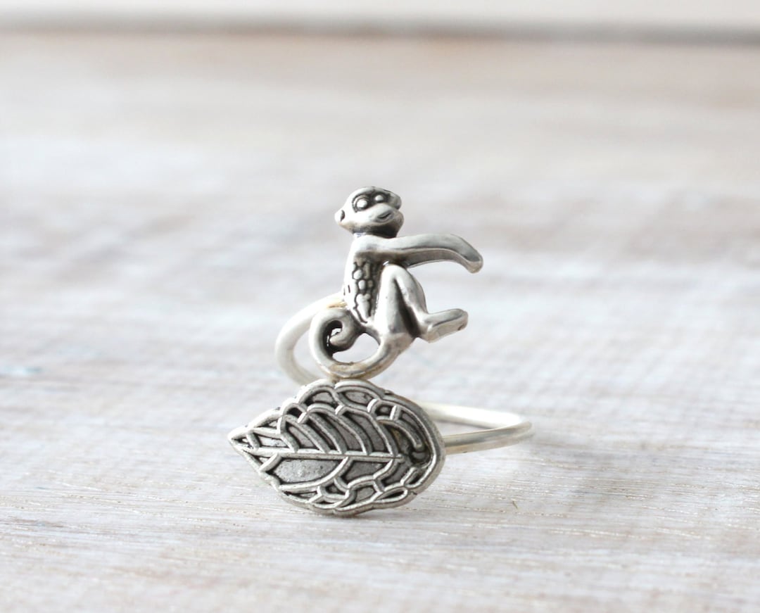 Monkey Ring With a Leaf, Adjustable Ring, Animal Ring, Silver Ring ...