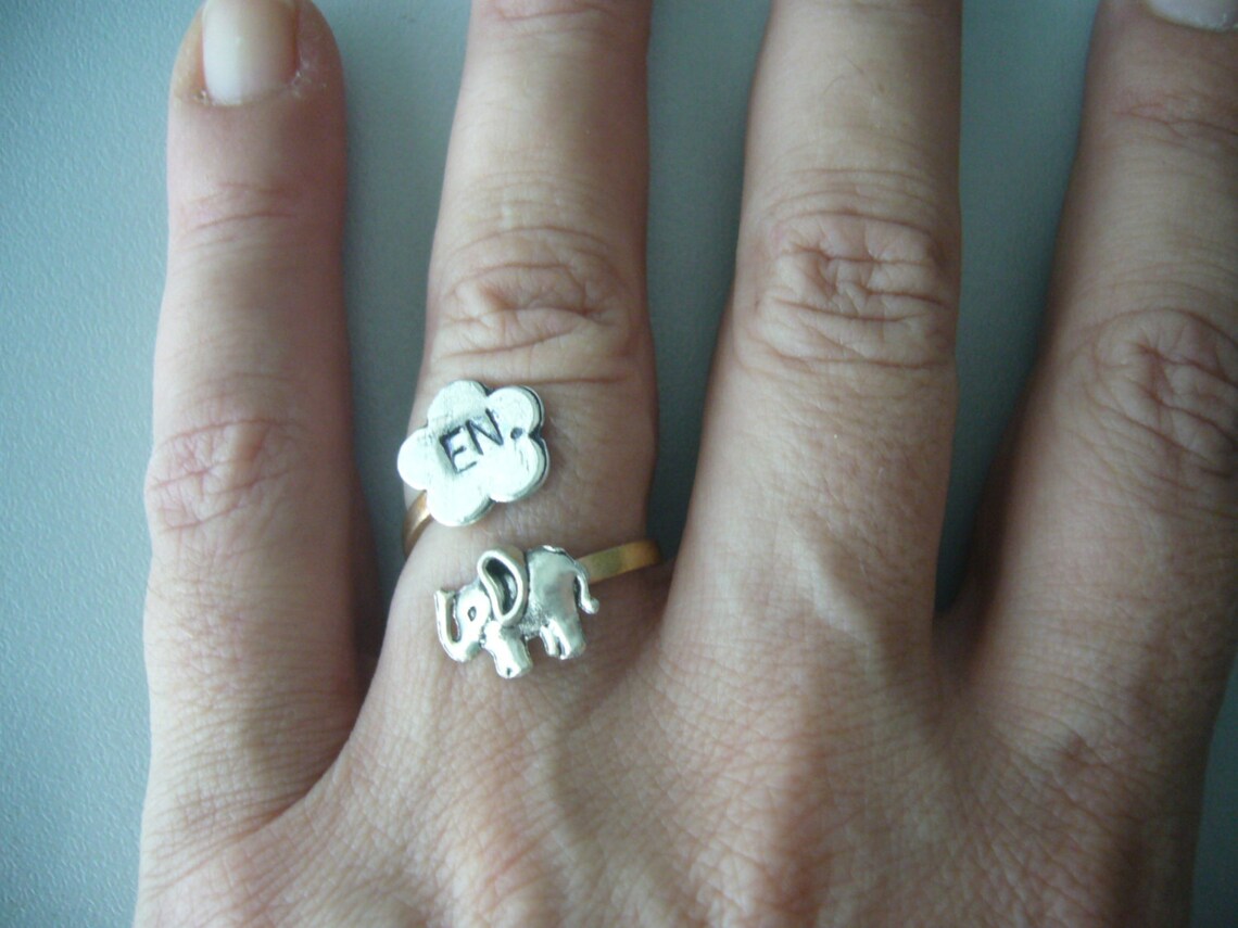 Personalized Elephant Ring With a Flower Adjustable Ring | Etsy