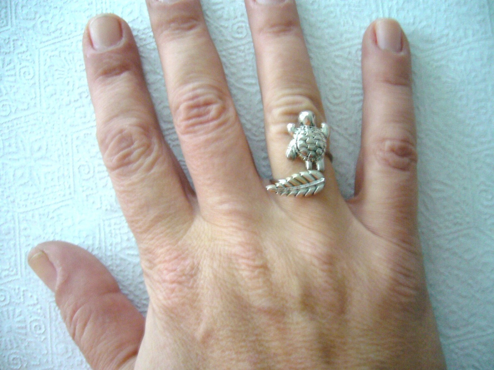 Silver Turtle Ring With a Leaf, Wrap Open Style, Adjustable Ring ...