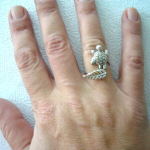 Silver Turtle Ring With a Leaf, Wrap Open Style, Adjustable Ring ...