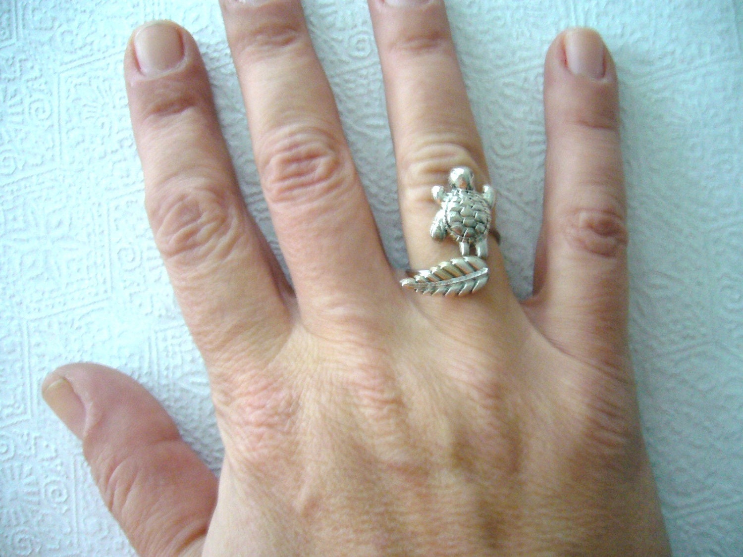 Silver Turtle Ring With a Leaf, Wrap Open Style, Adjustable Ring ...